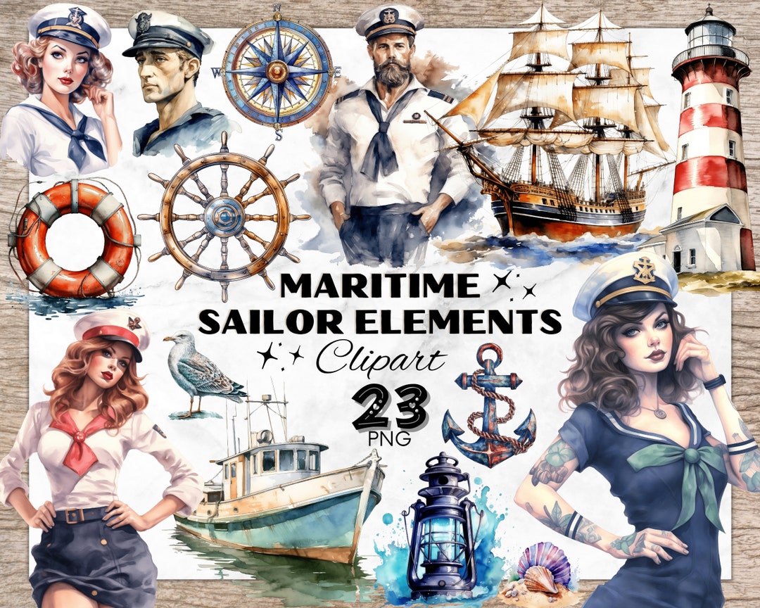 Maritime Sailor Clipart Bundle, Vintage Watercolor Clipart, Maritime ...