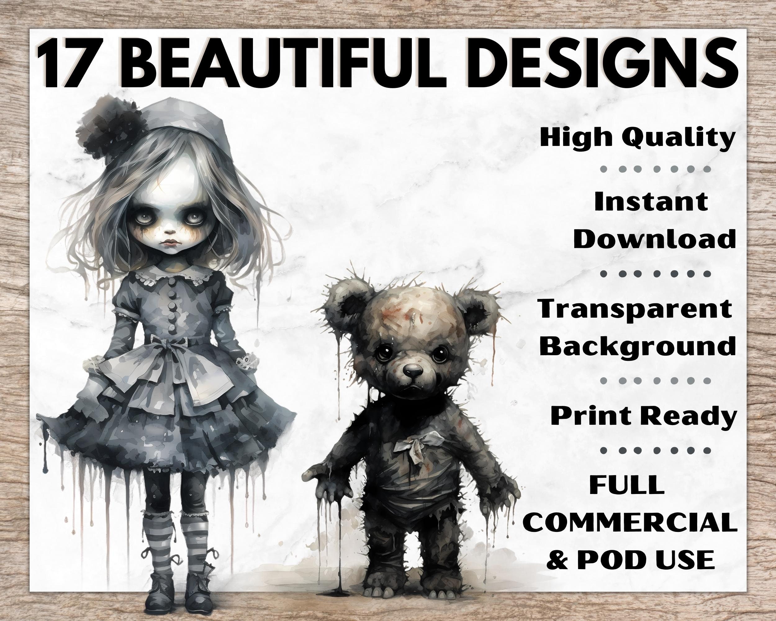 Horror Doll Watercolor Clipart, Creepy Dolls & Teddy Bears, Halloween ...