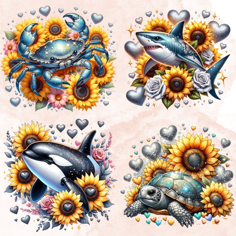 Ocean Animals With Sunflowers Watercolor Clipart Bundle, Underwater ...