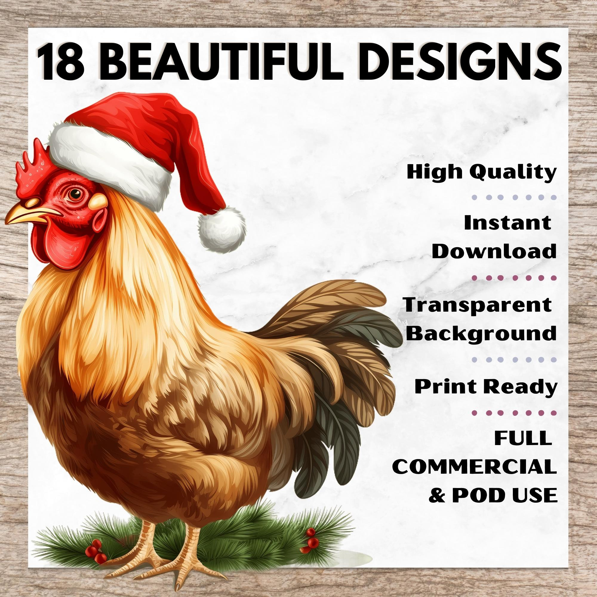 Christmas Chicken Clipart Bundle, Xmas Rooster Watercolor PNG Cliparts ...