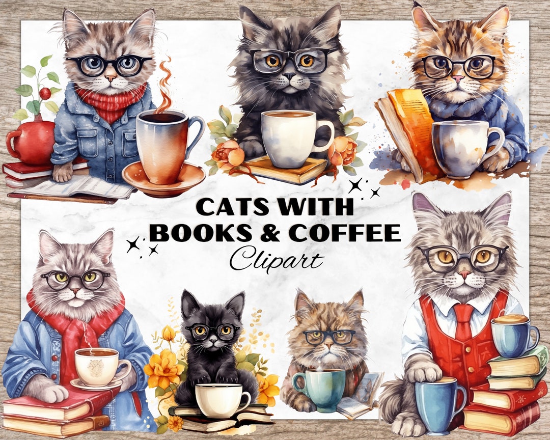 Cat With Book & Coffee Watercolor Clipart, Cat Lover Cliparts, Coffee ...