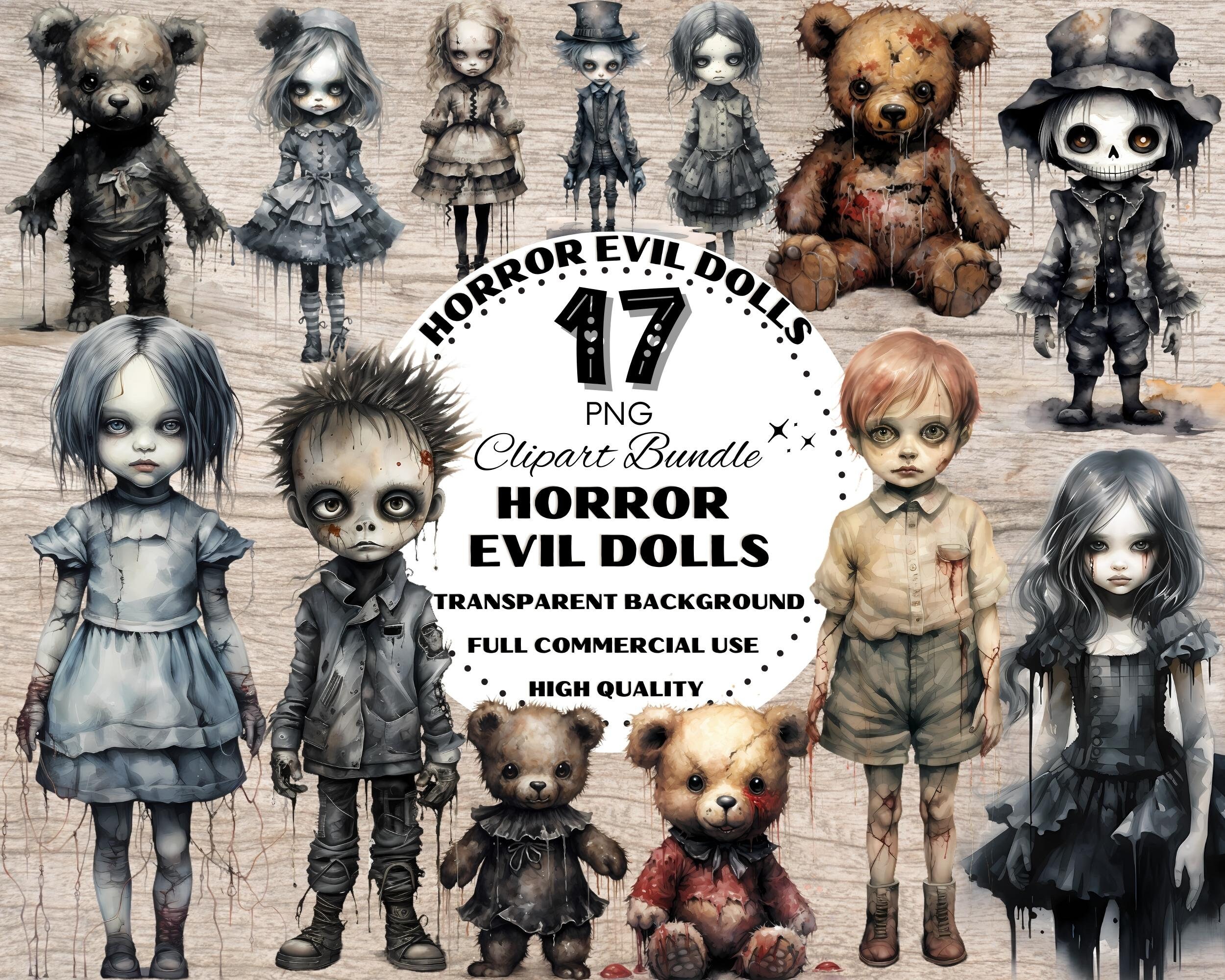 Horror Doll Watercolor Clipart, Creepy Dolls & Teddy Bears, Halloween ...
