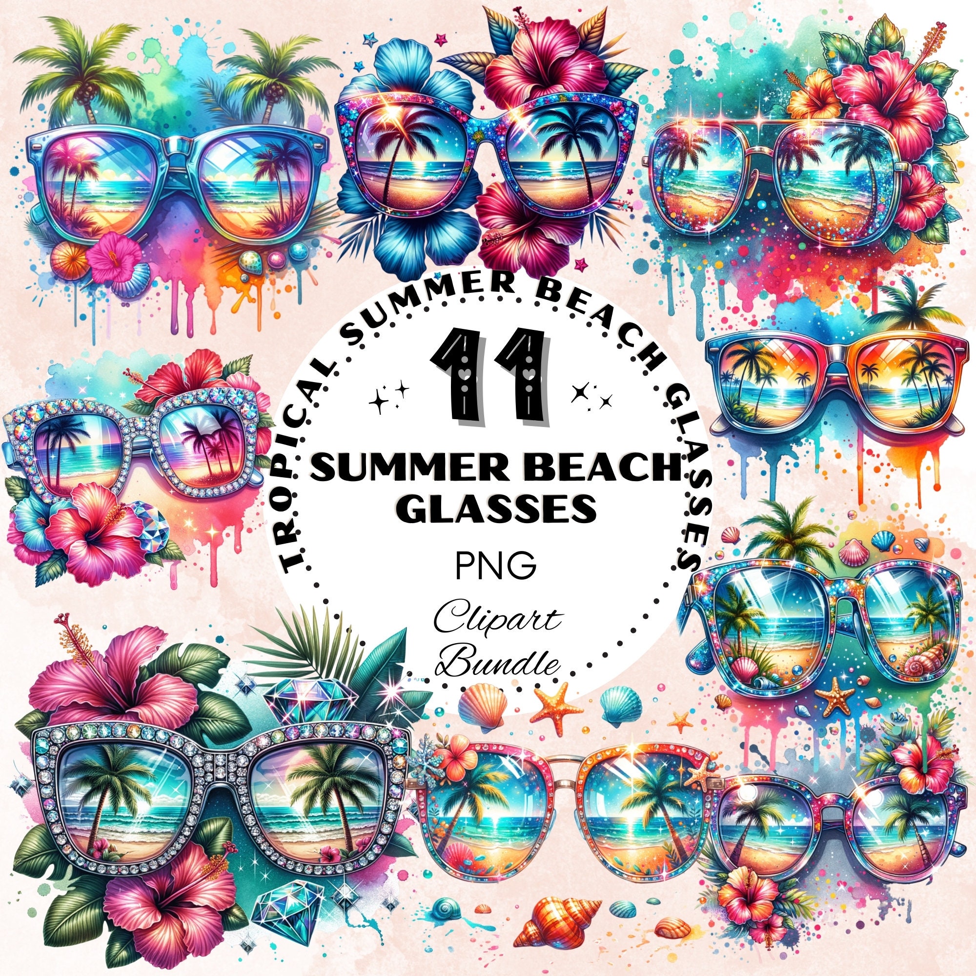 Tropical Beach Glasses Clipart Bundle, Summer Sun Crafts Watercolor ...