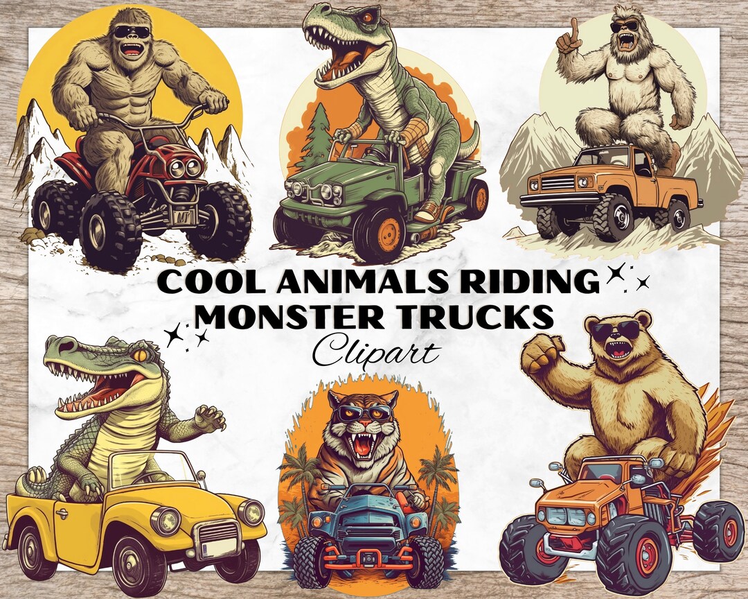 Animals Riding Monster Trucks Watercolor Clipart, Car Cliparts, Animals ...