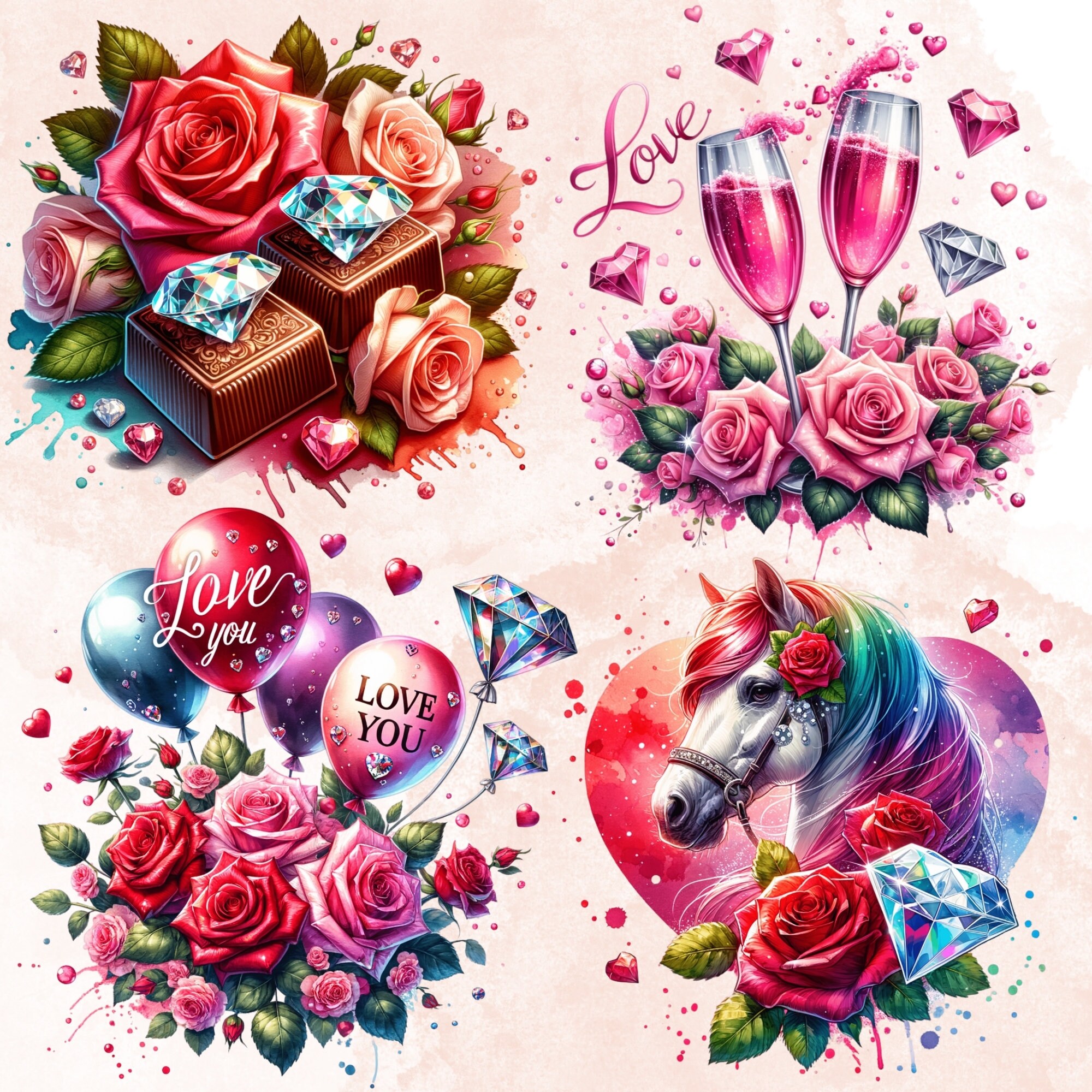 Valentine's Day Clipart Bundle, LOVE Valentines Watercolor PNG ...