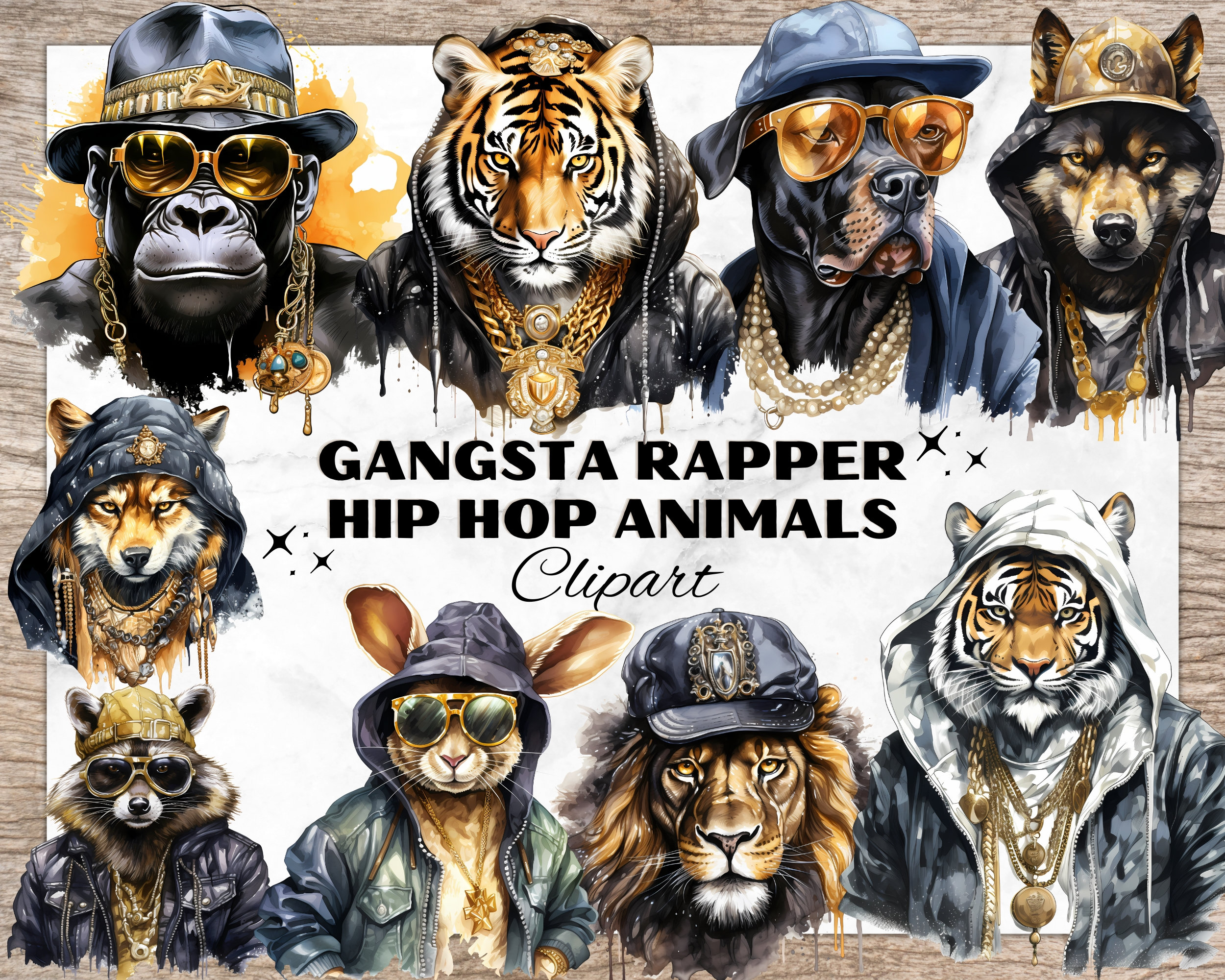 Gangsta Rapper Hip Hop Animals Bundle, Watercolor Clipart for Card ...