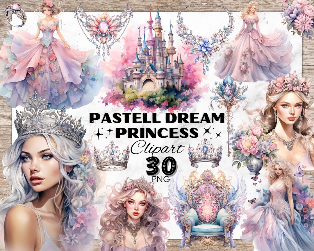 Pastel Princess Clipart Bundle, Princess Watercolor Clipart, Pink ...