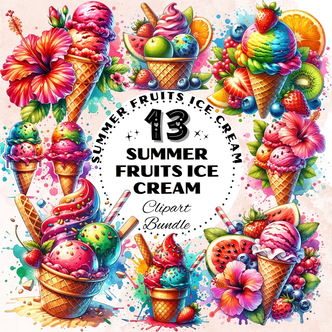 Tropical Summer Ice Cream Clipart Bundle, Beach Fruits Hibiscus Flower ...