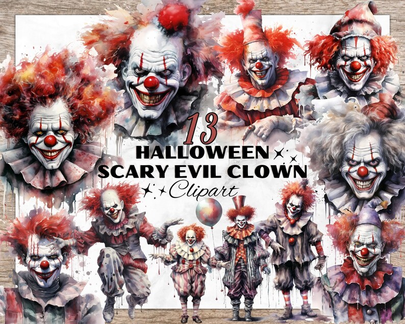 Evil Scary Circus Clown Watercolor Clipart, Bad Clown, Halloween Clipart, Clown Watercolor ...