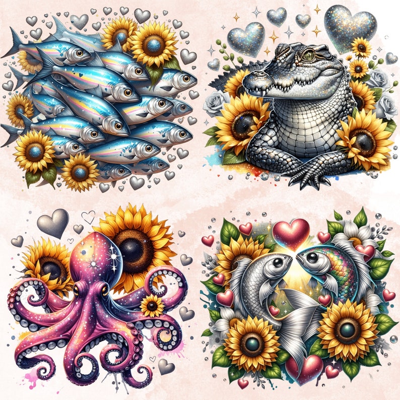 Ocean Animals With Sunflowers Watercolor Clipart Bundle, Underwater ...