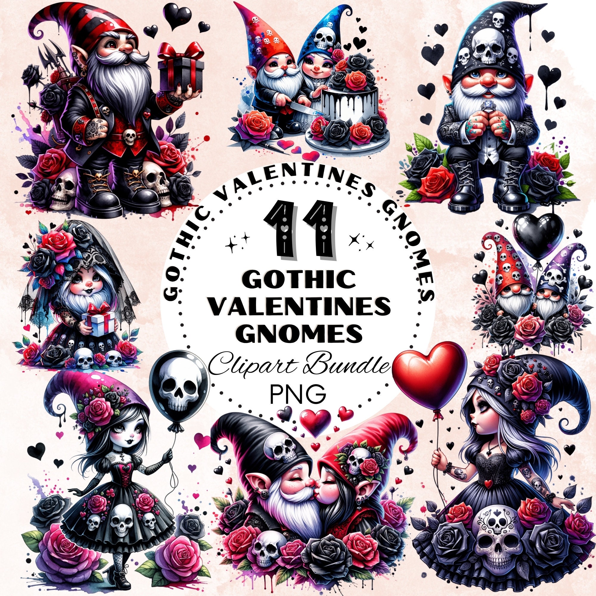 Gothic Valentine Gnomes Clipart Bundle, Dark Love Skulls and Hearts PNG ...