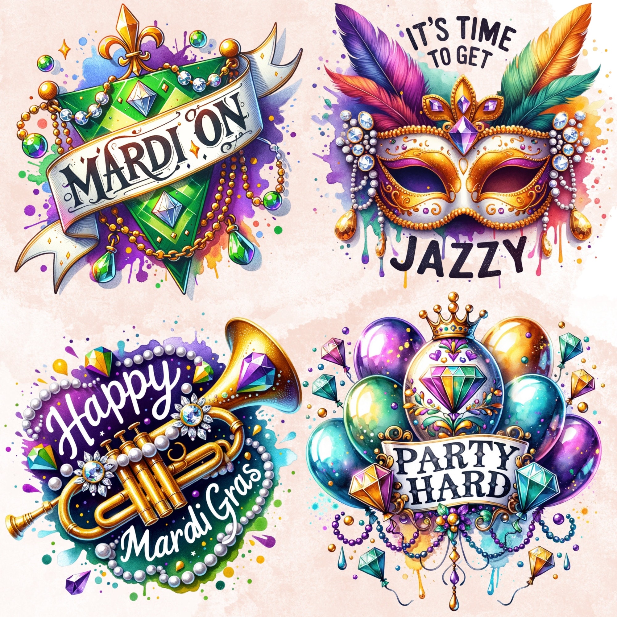 Mardi Gras Clipart Bundle, Watercolor Mardi Gras Sayings, Carnival Mask ...