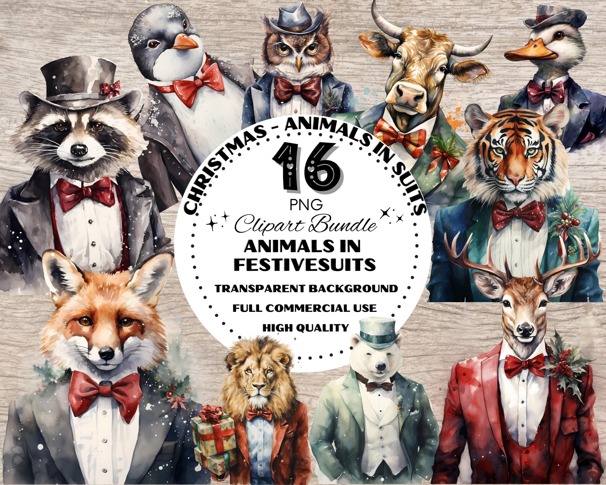 Animals in Suits Watercolor Clipart Bundle, Christmas Clipart Bundle ...