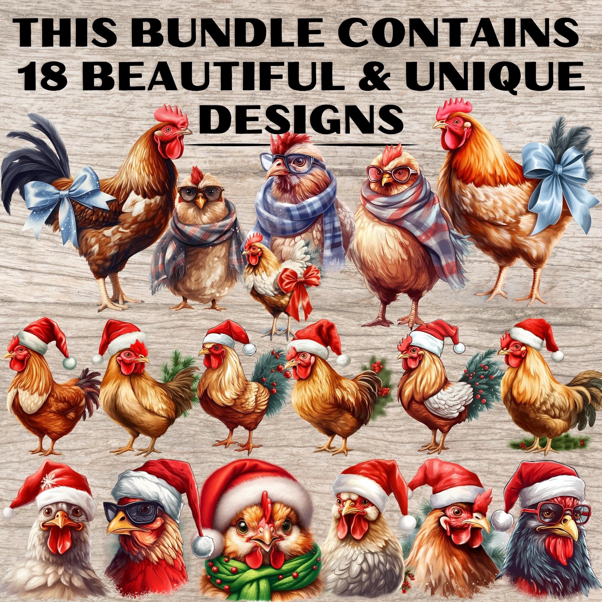 Christmas Chicken Clipart Bundle, Xmas Rooster Watercolor PNG Cliparts ...