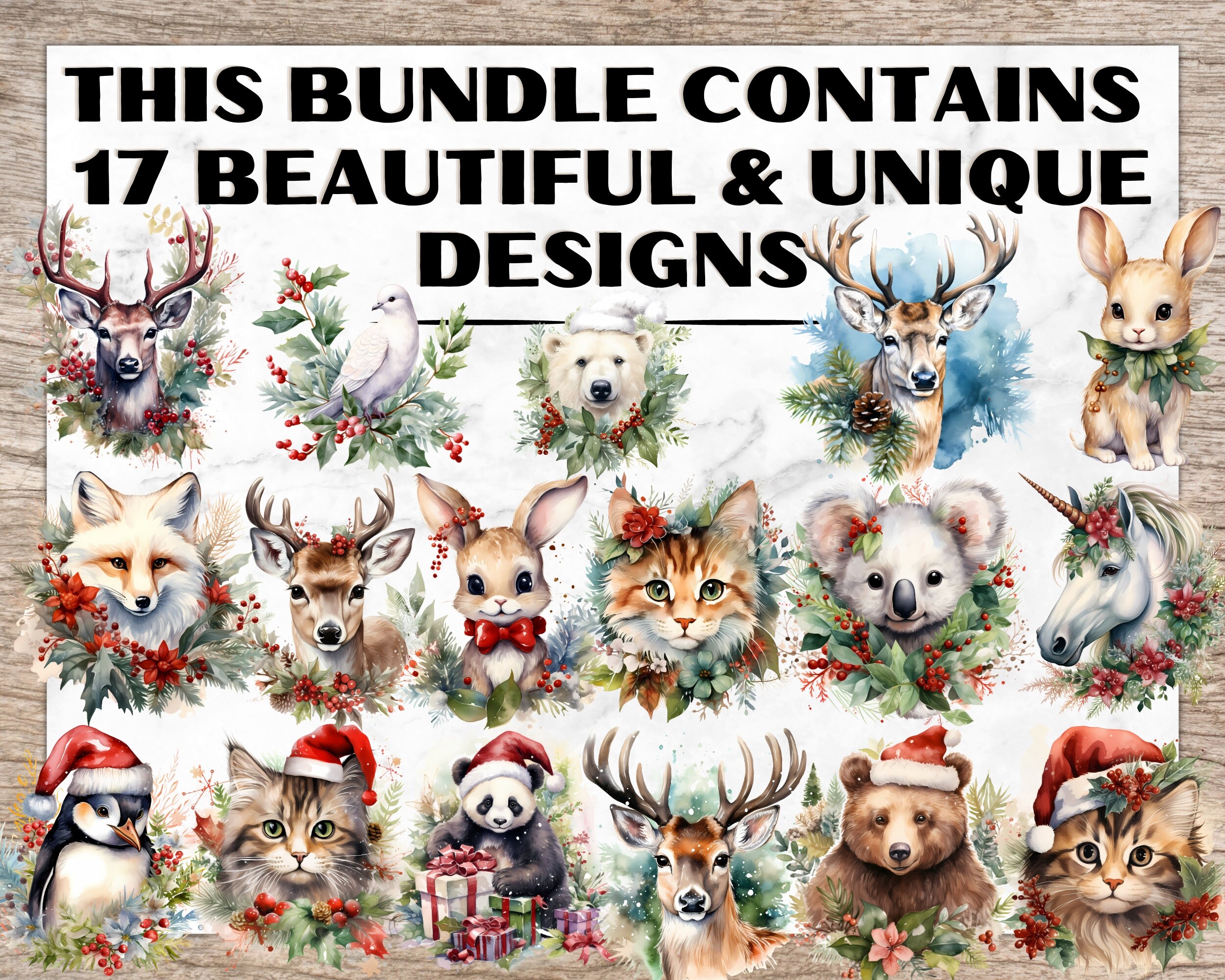Christmas Animals Watercolor Clipart Bundle, Christmas Clipart Bundle ...