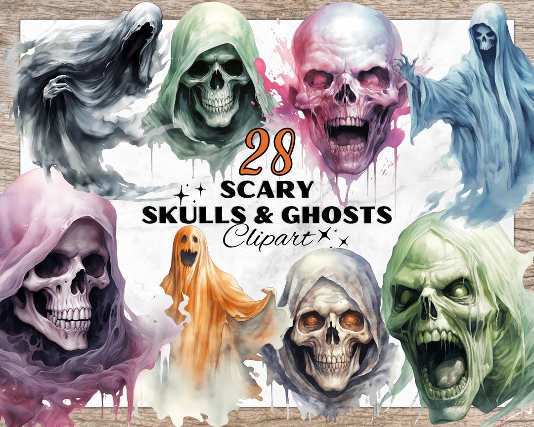 Scary Skulls & Ghosts Watercolor Clipart, Skull Clipart, Halloween ...