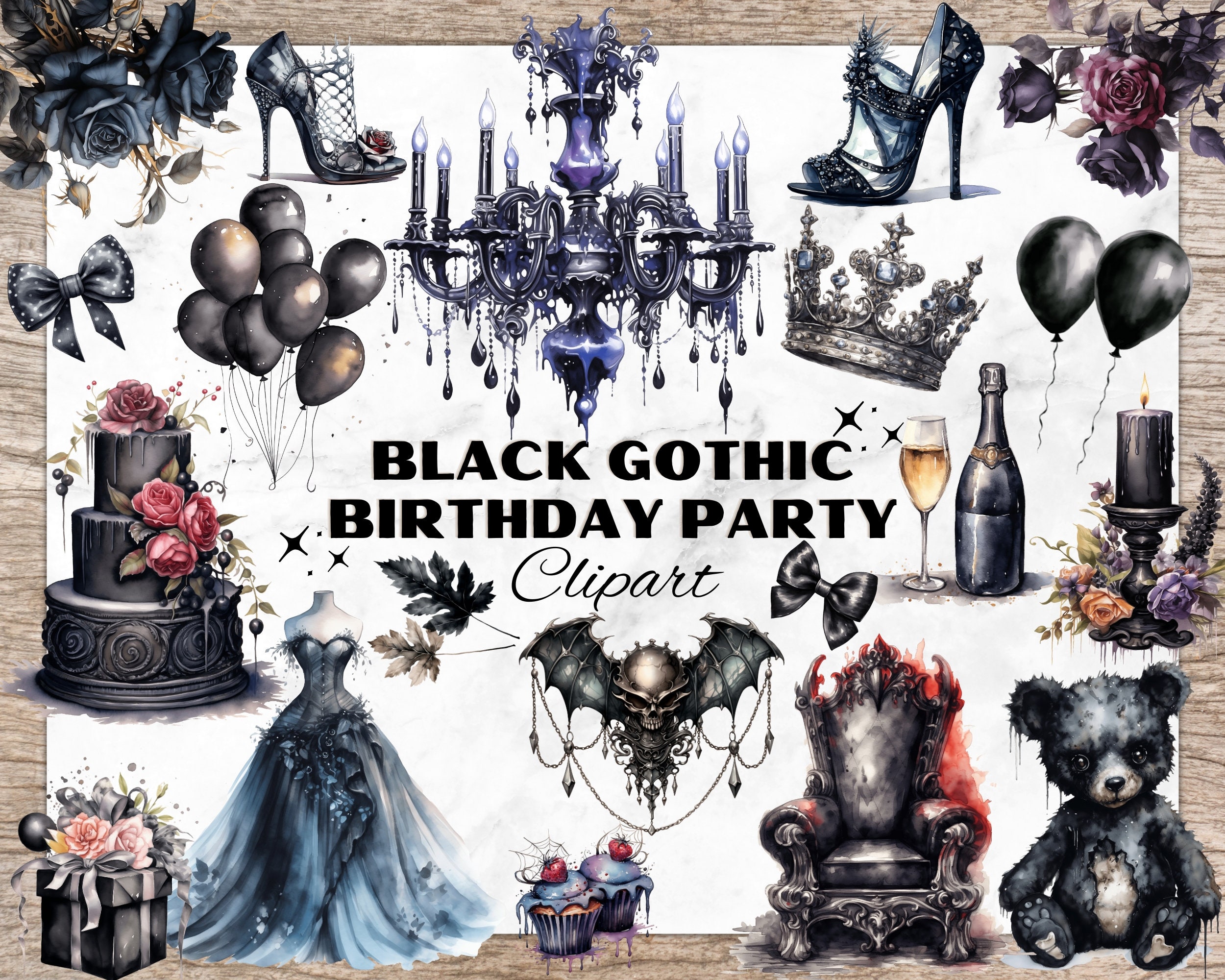 Gothic Birthday Party Watercolor Clipart, Dark Gothic Elements ...
