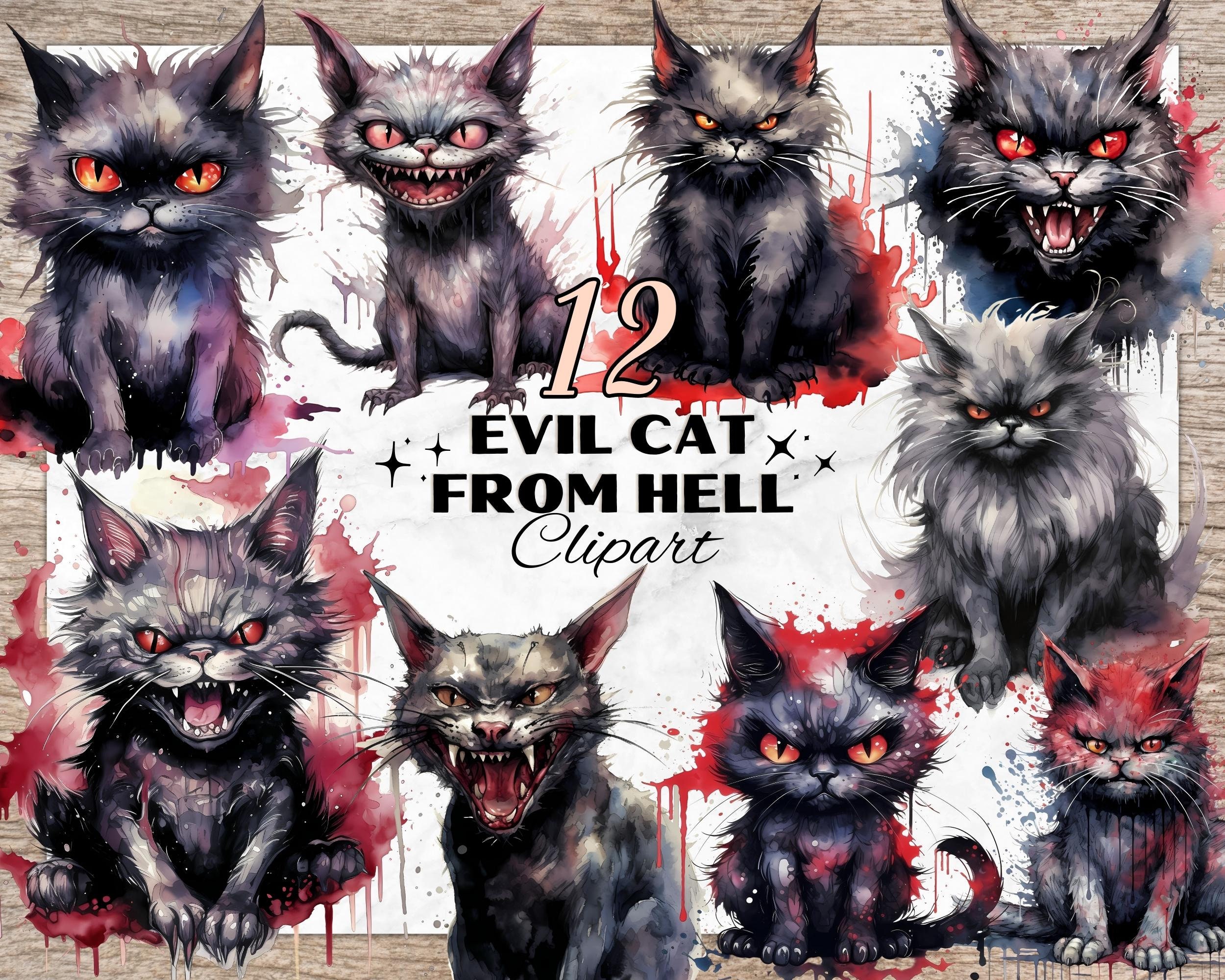 Evil Scary Black Cat Watercolor Clipart, Bad Cat, Halloween Clipart ...