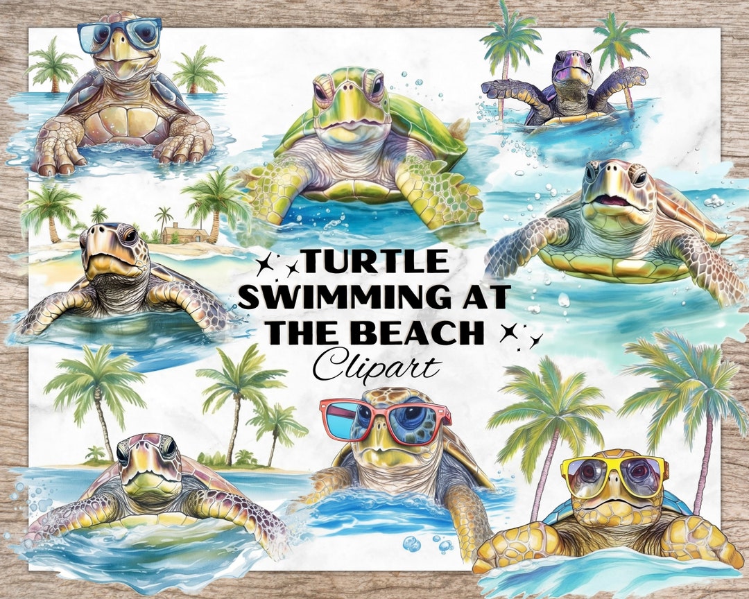 Turtle at the Beach Watercolor Clipart, Turtle Clipart, Beach Clipart ...
