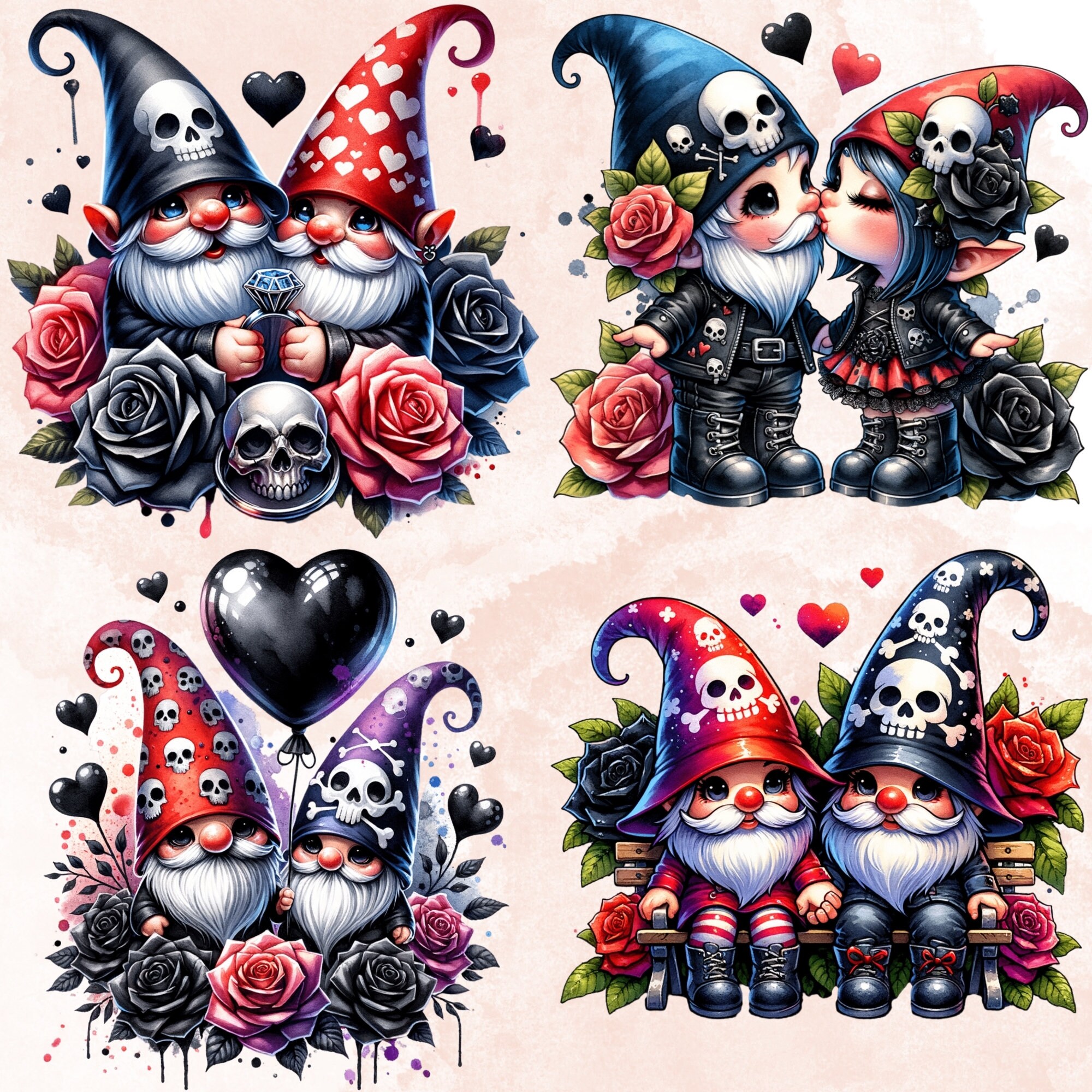 Gothic Valentine Gnomes Clipart Bundle, Dark Love Skulls and Hearts PNG ...