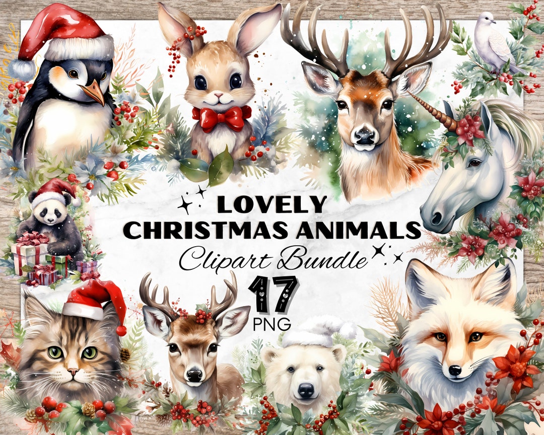 Christmas Animals Watercolor Clipart Bundle, Christmas Clipart Bundle ...