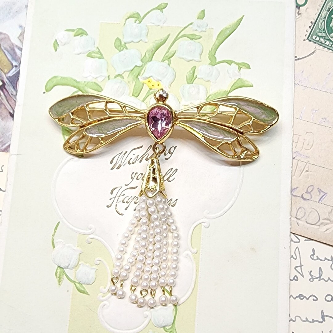 Vintage Avon Gold-tone Dragonfly Brooch W/ Enamel and Faux Pearl Tassel ...