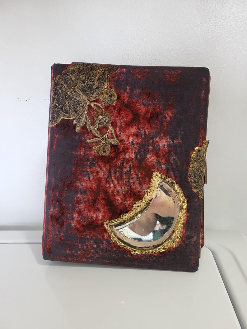 Antique Victorian Red Velvet Bound Photo Album Moon Mirror and Cherib ...