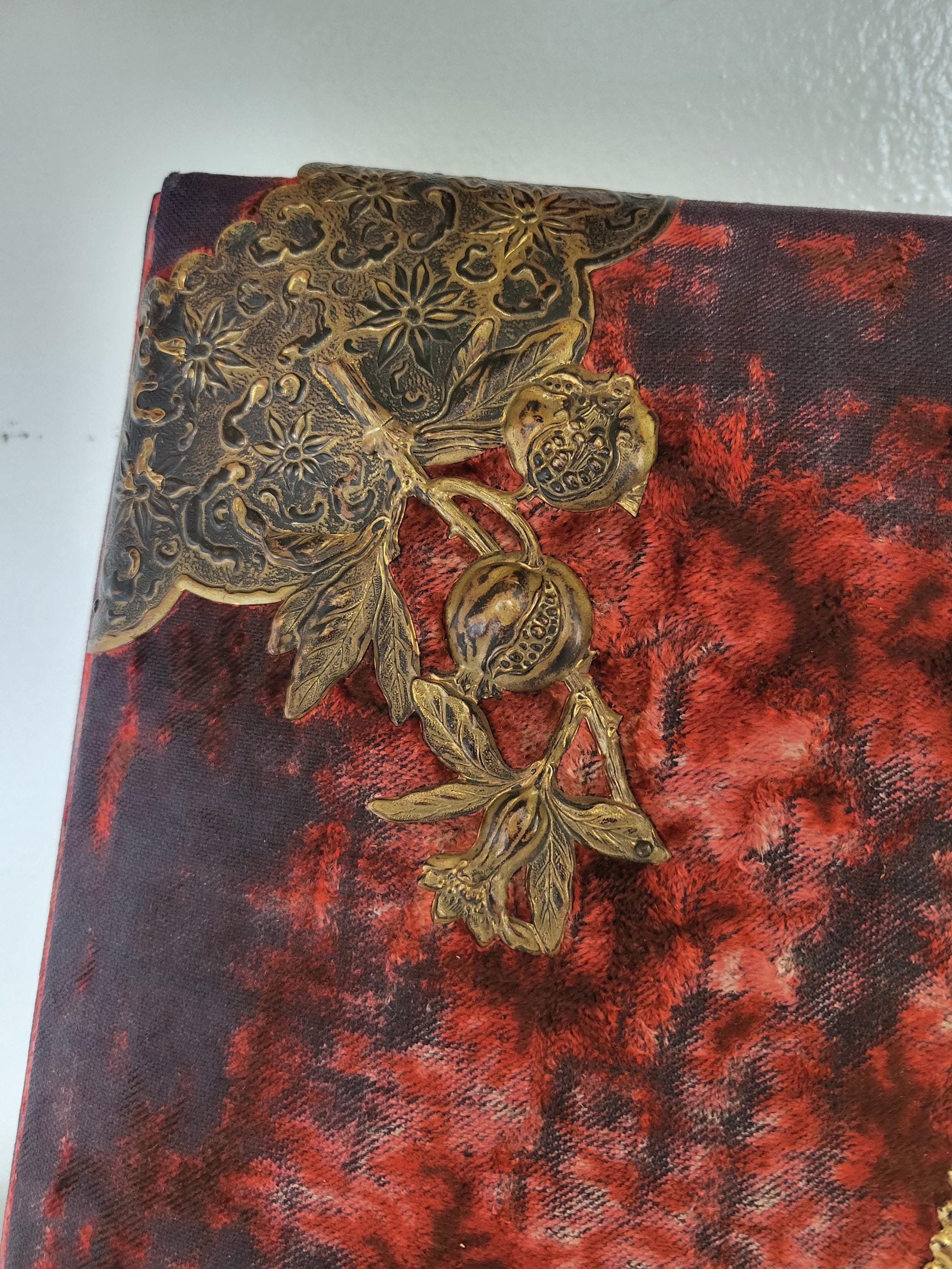 Antique Victorian Red Velvet Bound Photo Album Moon Mirror and Cherib ...