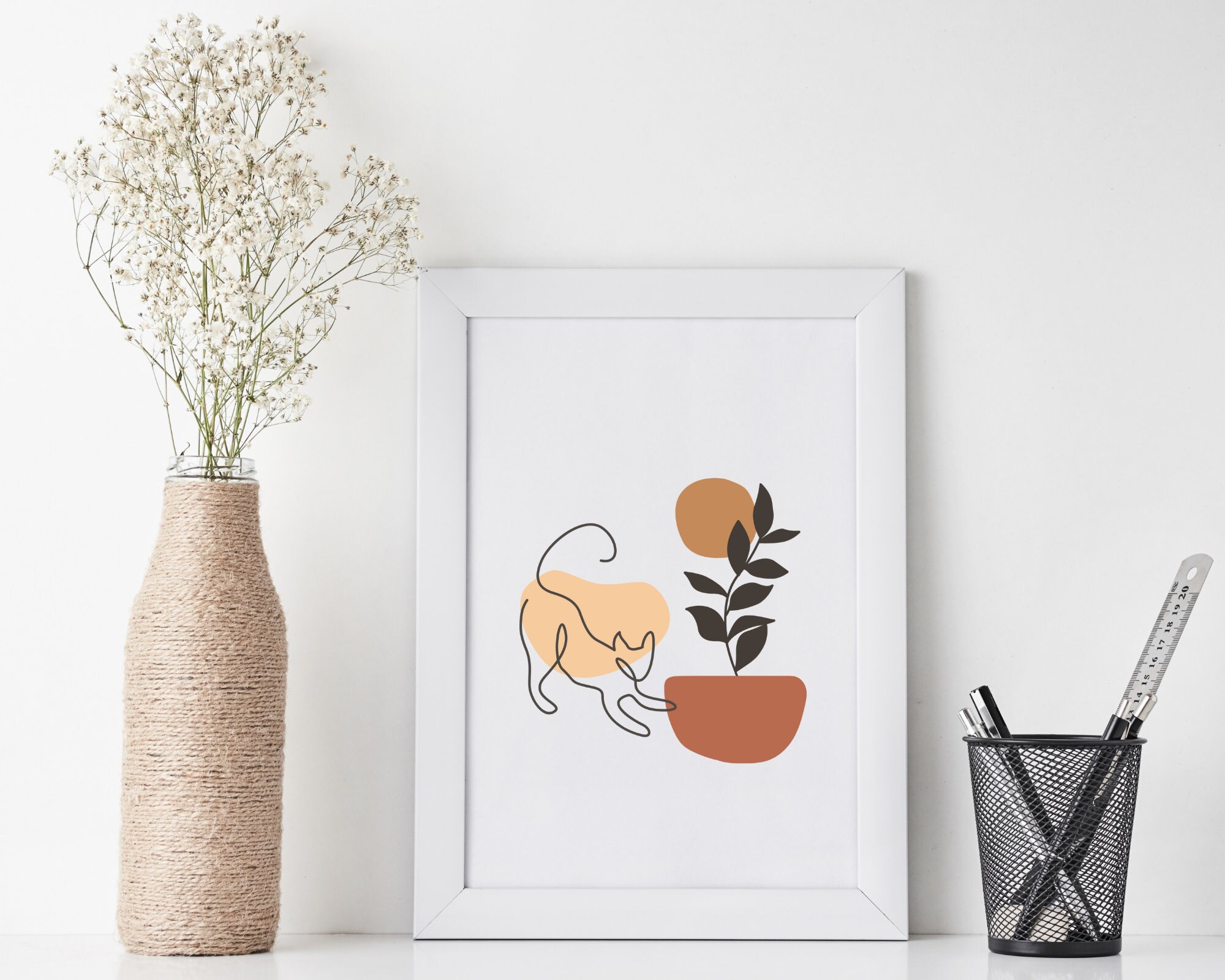Cat and Plant Single Line Drawing, Instant Download, Minimal Boho Art ...
