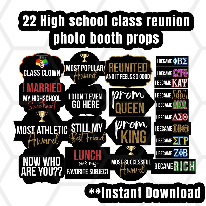 22 Digital Printable High School Class Reunion Photo Booth Props 360 ...