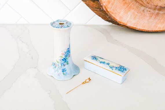 Antique Bavarian Blue Floral Hair Pin Holder and Ceramic Box - Etsy