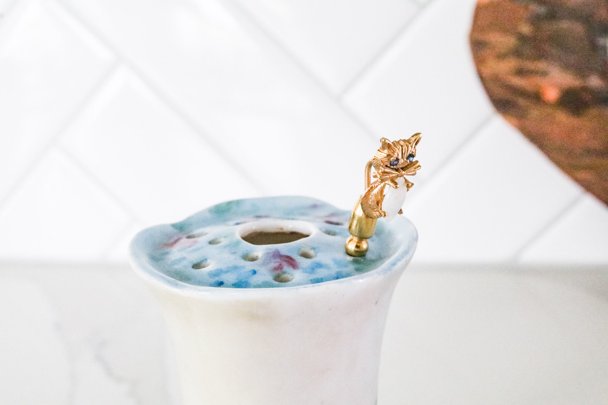 Antique Bavarian Blue Floral Hair Pin Holder and Ceramic Box With Gold ...