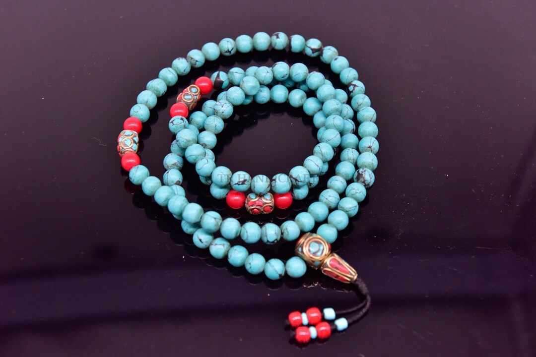 Turquoise Mala Rosary: 108 Bead Meditation Necklace, Handmade in Nepal ...