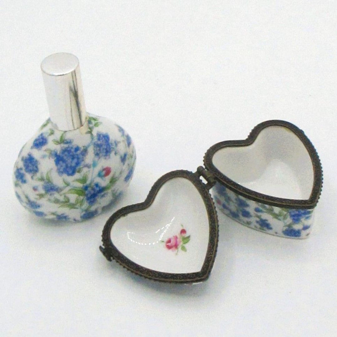 Vintage Heart-shaped Porcelain Perfume Bottle & Trinket Box Set With ...