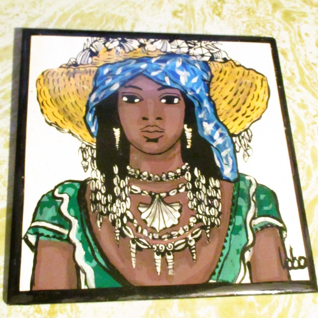 Ceramic 6x6 Tile Hand Painted African Woman Straw Hat Jewels Signed ...