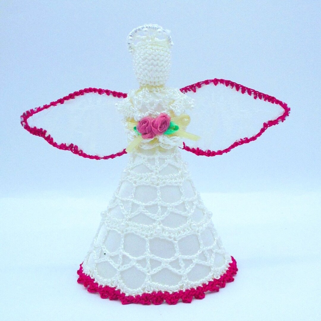 Crocheted Handmade Angel Tree Topper 6 Beads Lace Wings Pink Flowers - Etsy