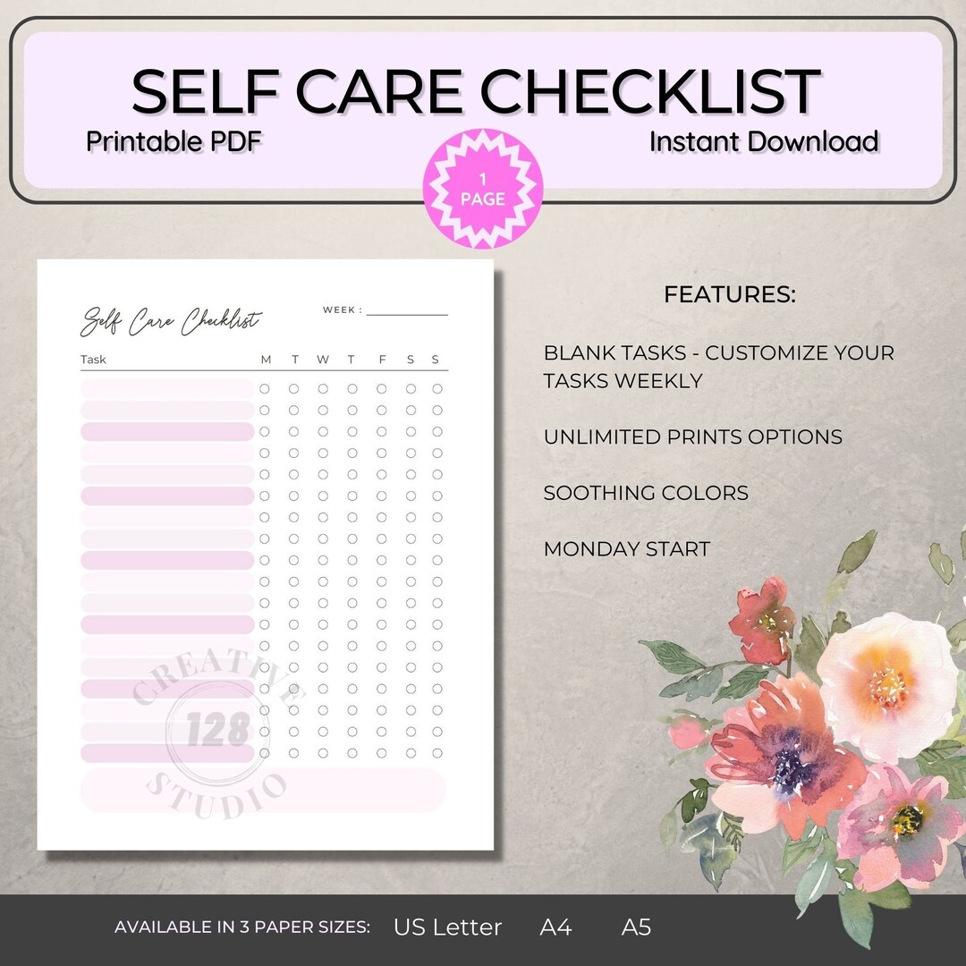 Self Care Checklist, Selfcare Daily Sheet, Printable Digital PDF ...