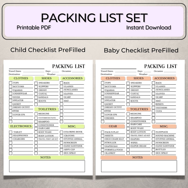 Packing List, Instant Download, PRINTABLE, Packing List Template ... Packing List, Instant Download, PRINTABLE, Packing List Template ...