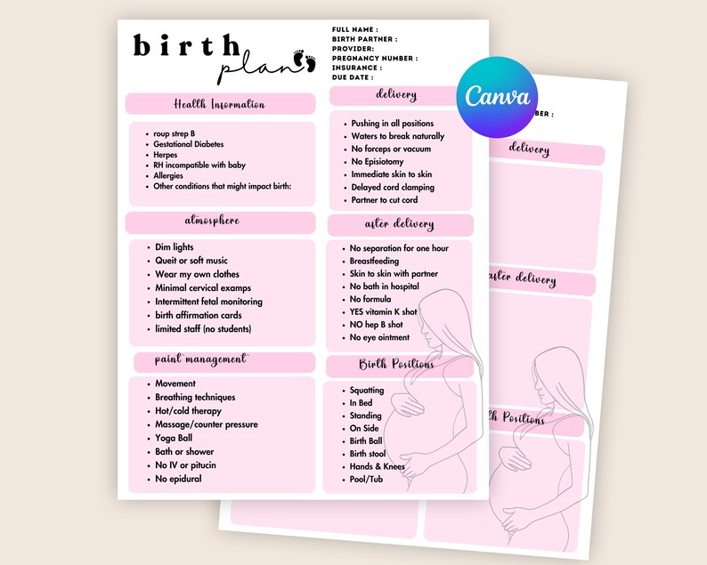 Birth Plan Template, Visual Birth Plan Canva Template Birth Preference ...