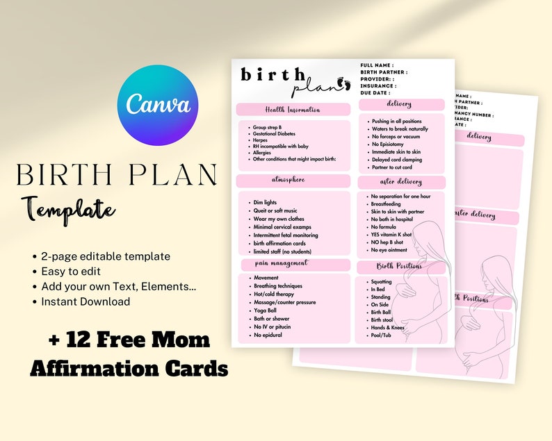 Birth Plan Template, Visual Birth Plan Canva Template Birth Preference ...