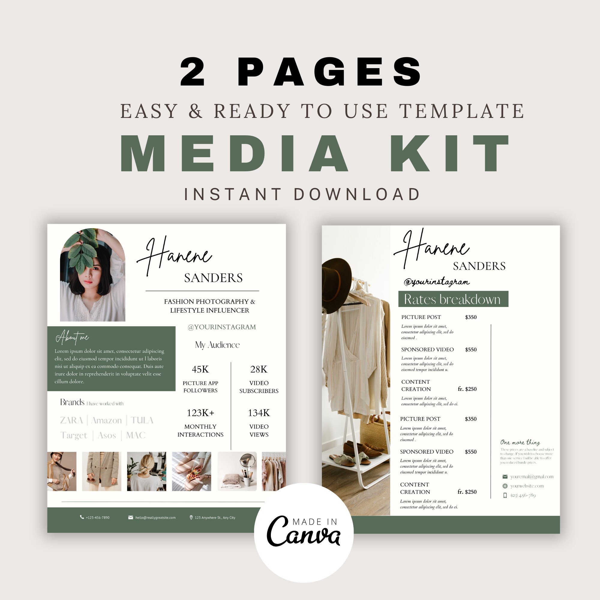 2 Page Media Kit Canva Template| Instagram Media Kit| Influencer Rate ...