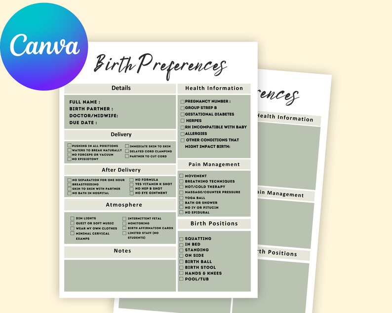 Editable Visual Birth Plan Template, Natural Birthing (canva, Printable ...