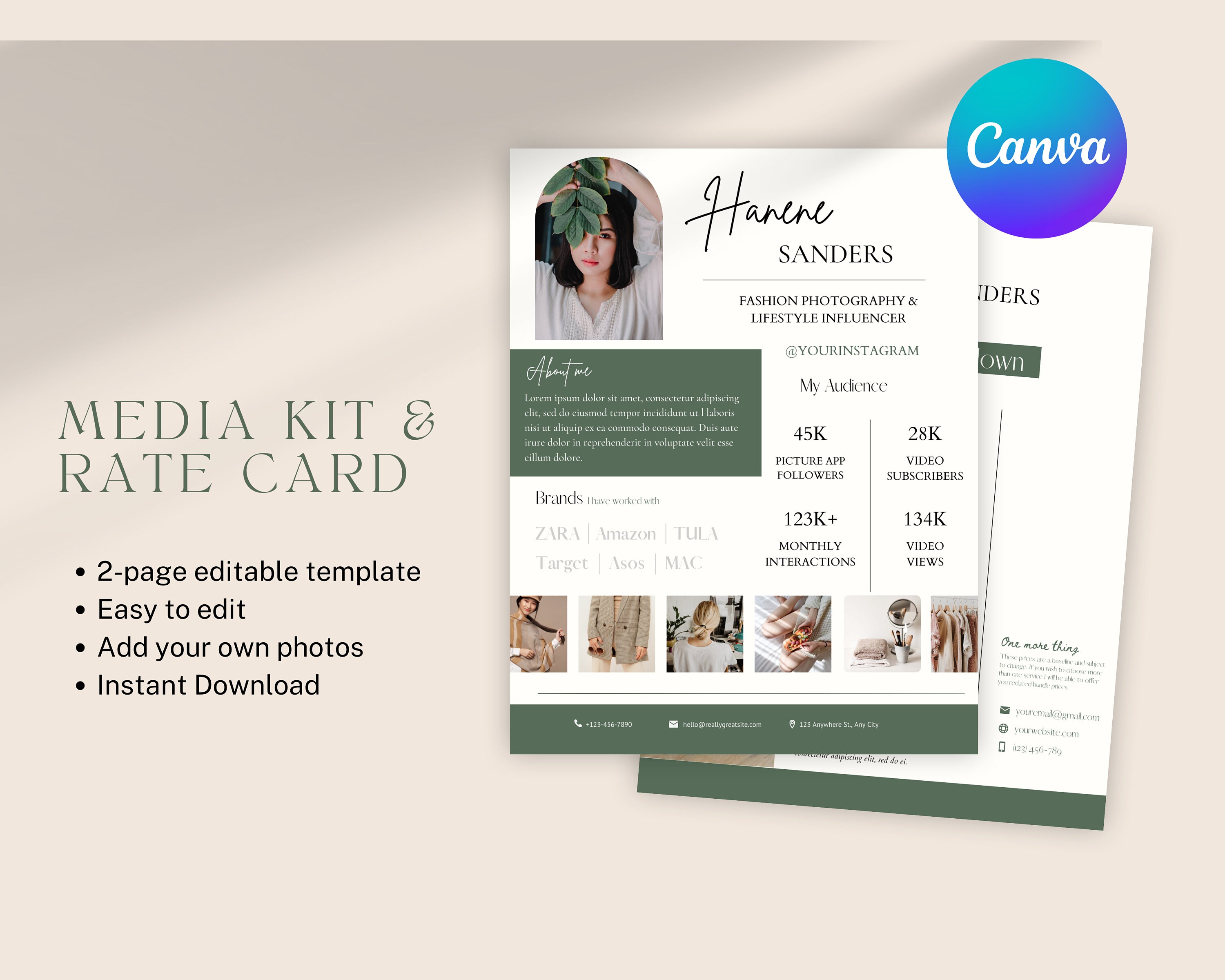 2 Page Media Kit Canva Template| Instagram Media Kit| Influencer Rate ...