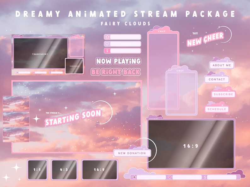 Animated Twitch Stream Package: Fairy Clouds, Pink Overlay With ...