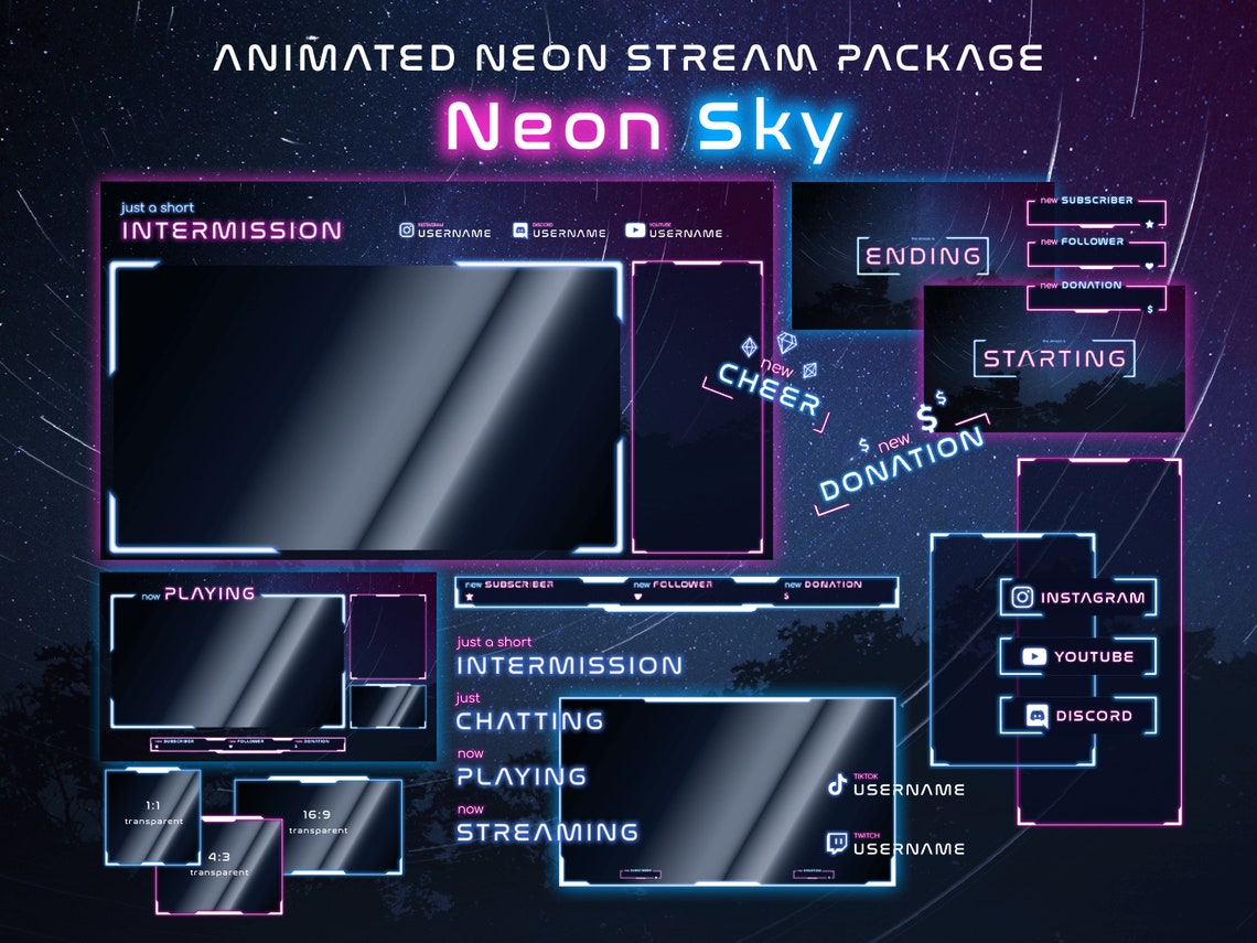 Neon Twitch Stream Overlay Package - Animated - NEON sky - Twitch ...