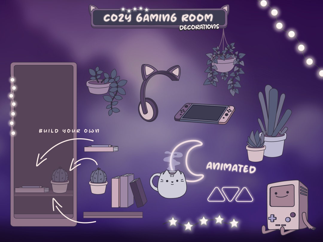 Cozy Animated Twitch Stream Overlay: Modular Gaming Room Decor (cat Mug ...