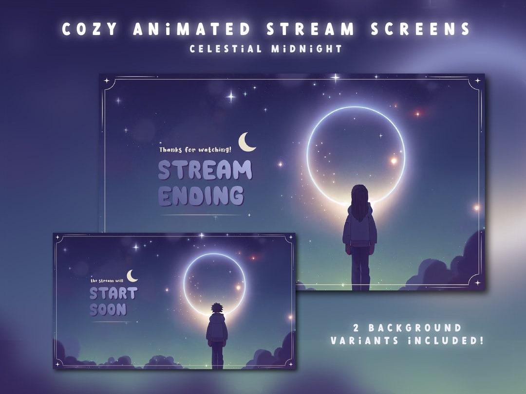 Celestial Midnight Animated Stream Screens: Cozy Lofi Twitch Overlay ...