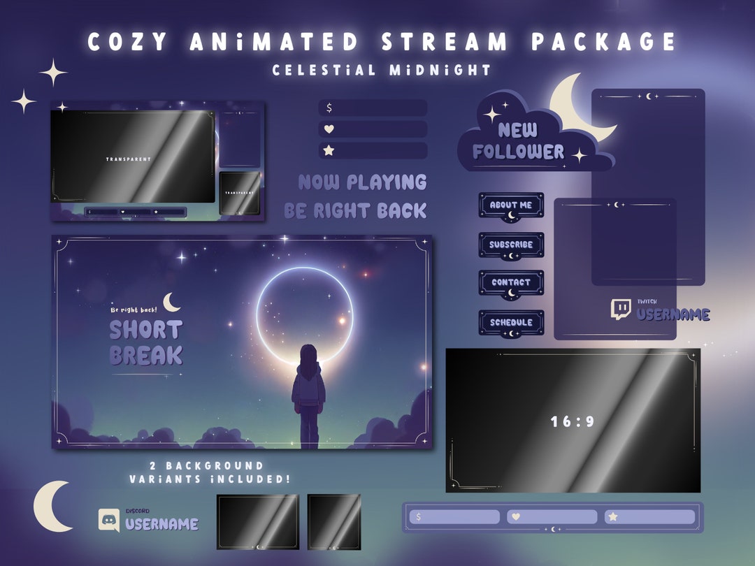 Animated Cozy Twitch Stream Package: Celestial Midnight Theme, Handmade ...