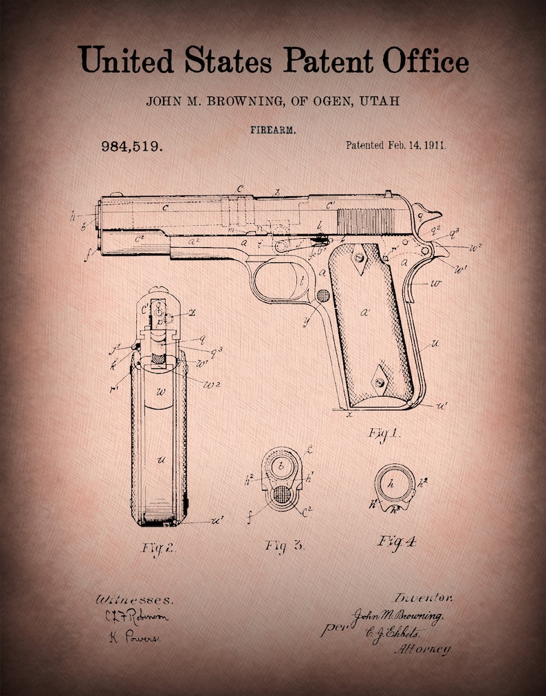 Browning 1911 Pistol Patent Print Weapon Firearm Hand - Etsy