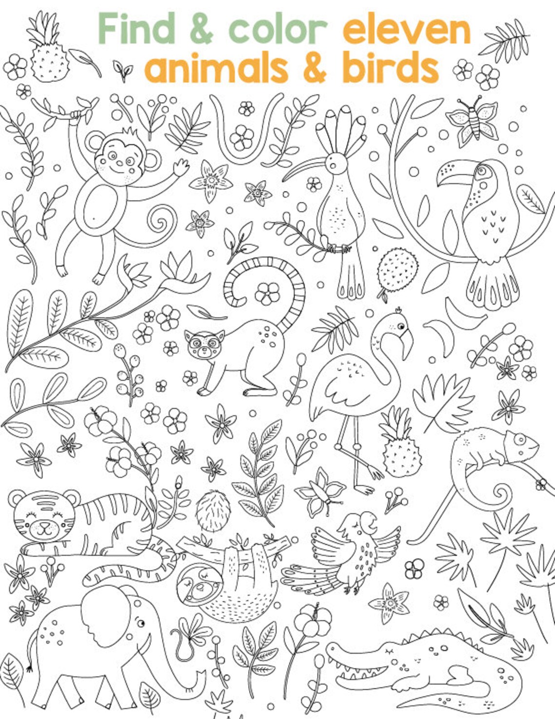 Jungle Animals Kids Activity Pack Printable Coloring Page, Matching ...